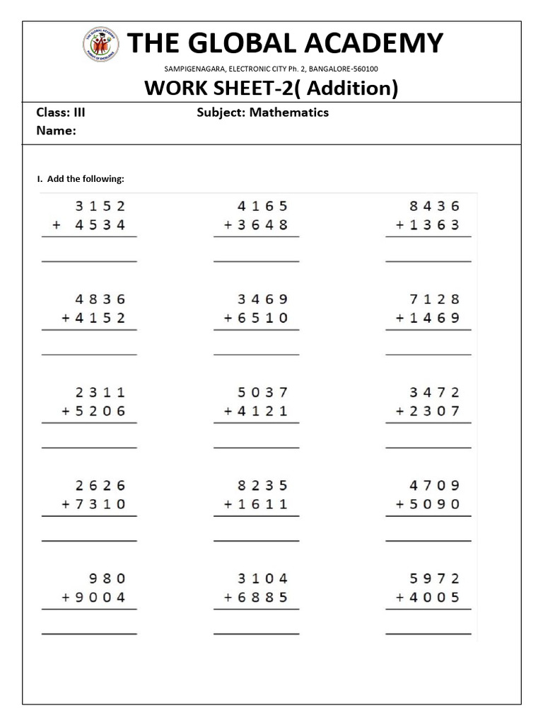 Class III Math Worksheet: Addition | PDF