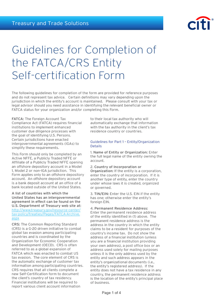 FATCA CRS Self Certification Guidelines | PDF | Corporations | 501(C ...