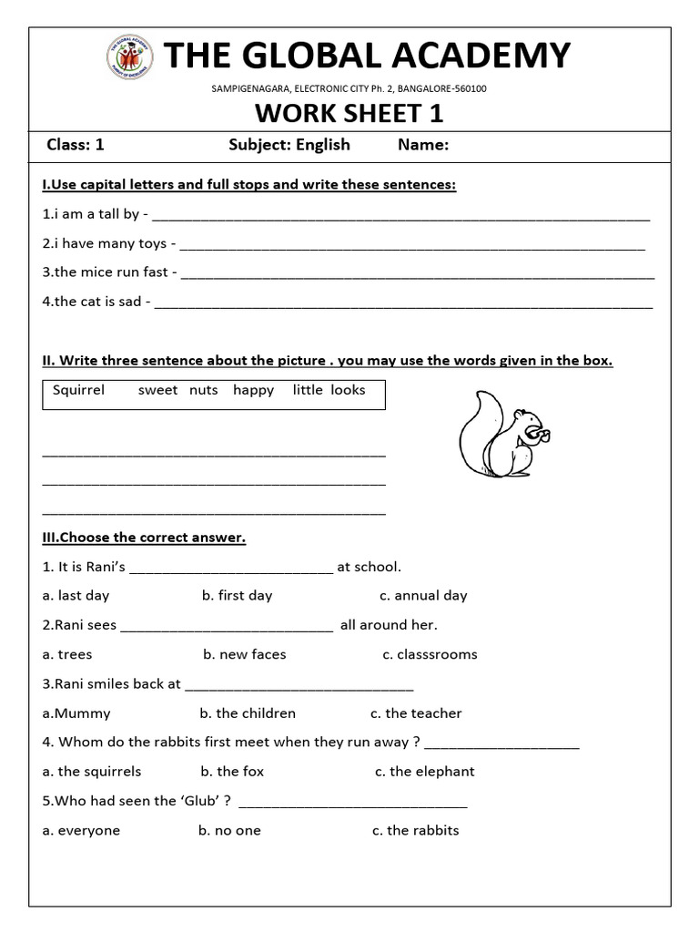 WORKSHEET Grade1 English Sa1 | PDF