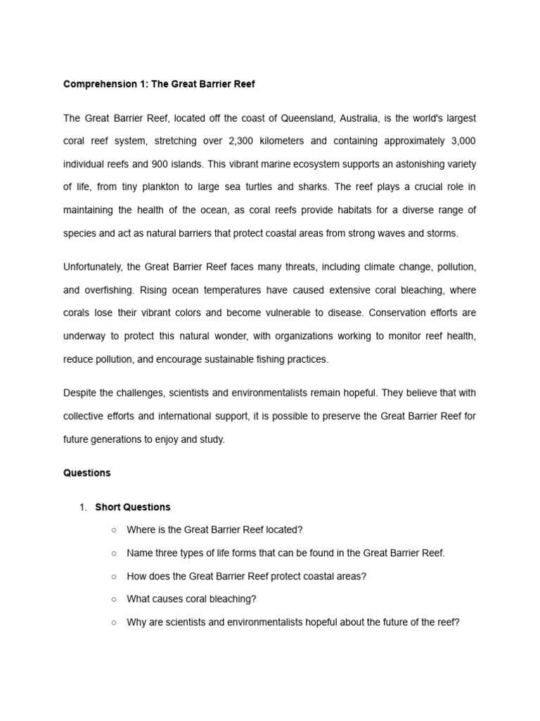 Comprehension 1 - The Great Barrier Reef | PDF | Coral Reef | Physical ...
