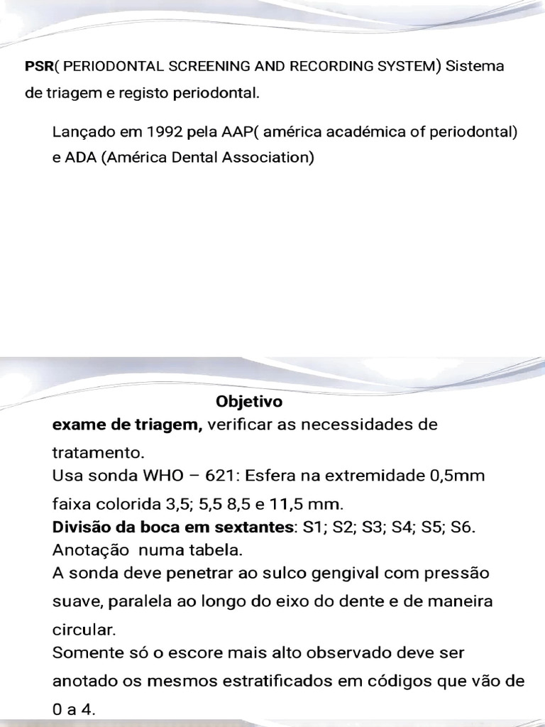 Sistema de Triagem Periodontal PSR | PDF | Especialidades médicas | Boca