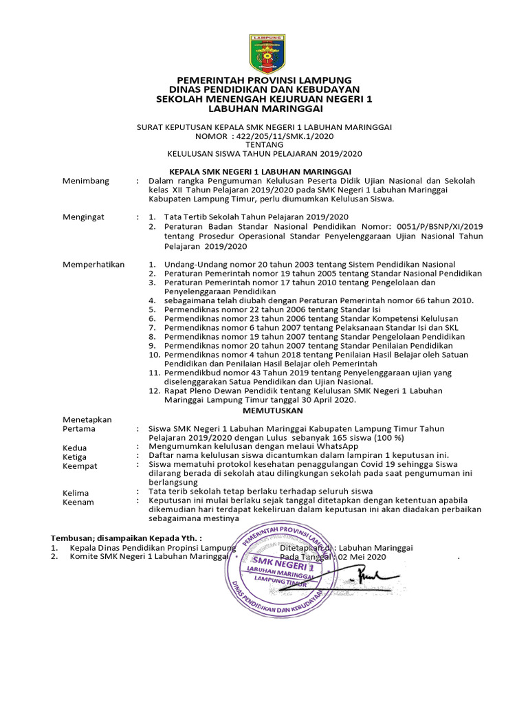 Pengumuman Kelulusan SMK LBM | PDF