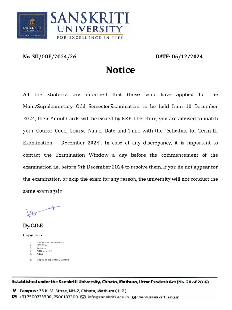 Notice For Admit Card | PDF