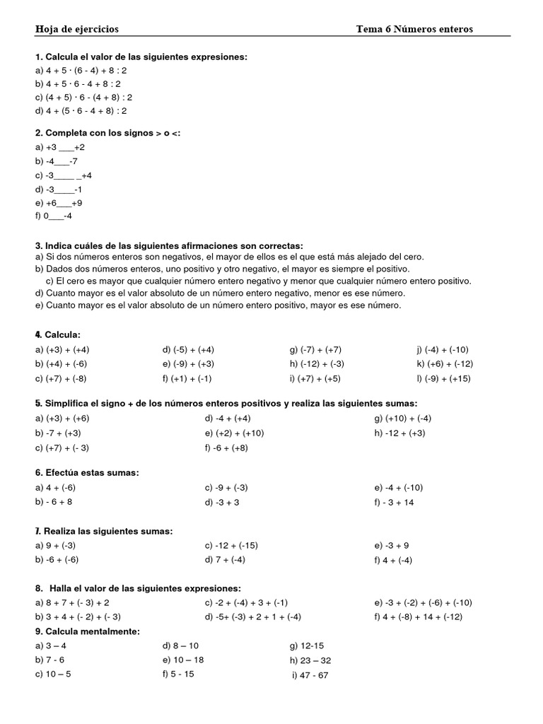 Ejercicios de Numeros Enteros 1 | PDF | Matemáticas | Aritmética