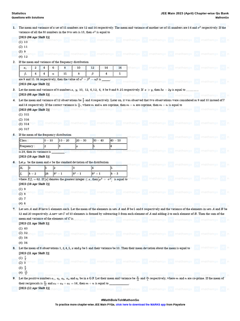 Statistics - JEE Main 2023 April Chapterwise PYQ - MathonGo | PDF ...