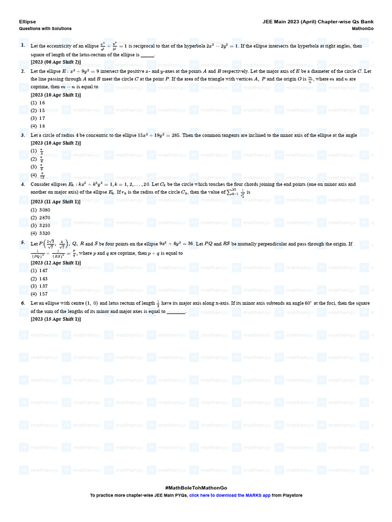 Ellipse - JEE Main 2023 April Chapterwise PYQ - MathonGo | PDF | Ellipse | Circle