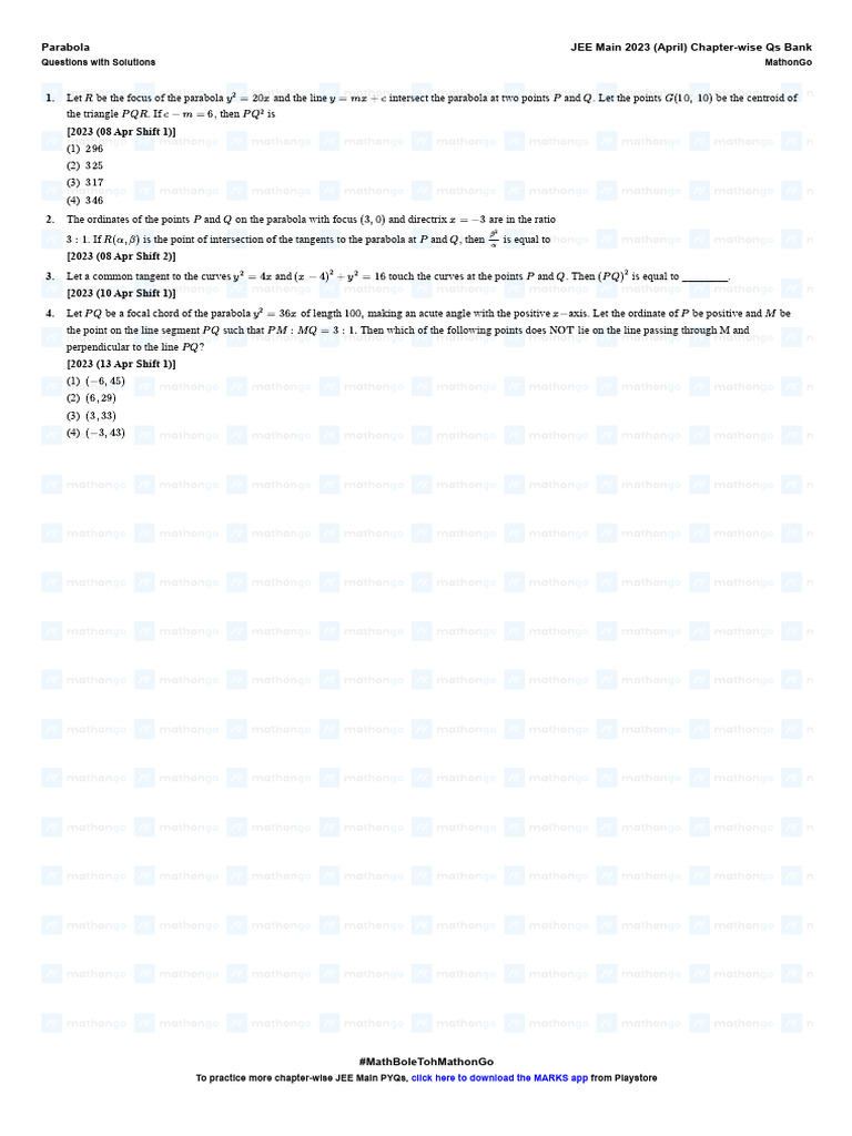 Parabola - JEE Main 2023 April Chapterwise PYQ - MathonGo | PDF ...