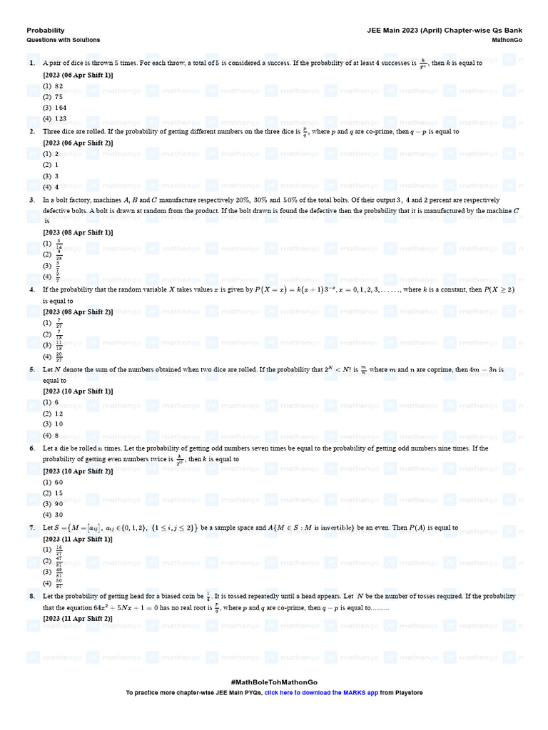 Probability - JEE Main 2023 April Chapterwise PYQ - MathonGo | PDF | Probability Distribution ...