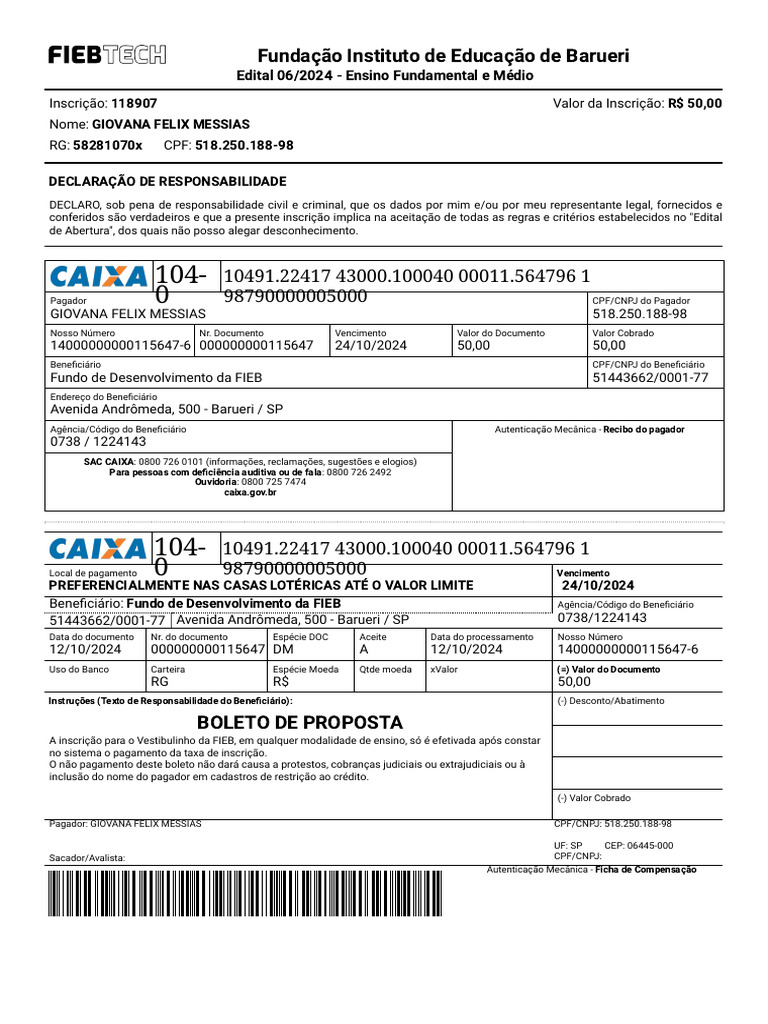 Vestibulinho.fieb.Edu.br AreaCandidato Boleto | PDF