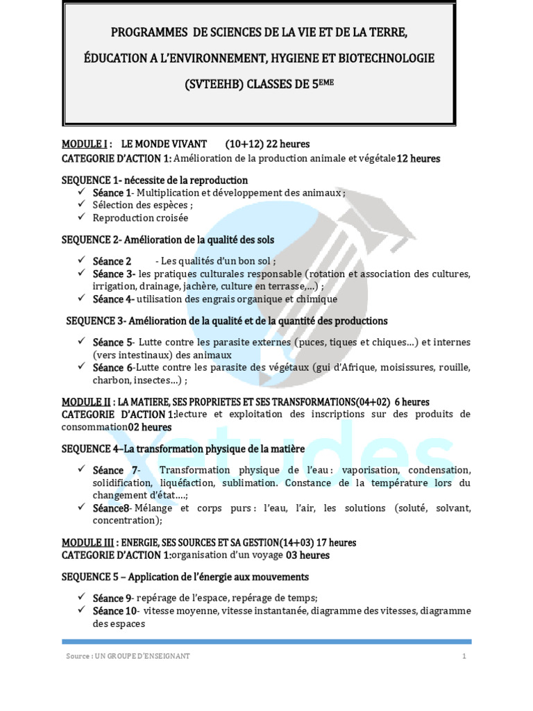 Programmes de Sciences de La Vie Et de La Terre, Éducation A L'Environnement, Hygiene Et ...