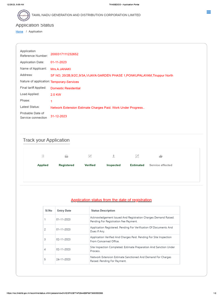 TANGEDCO Application Status Update | PDF