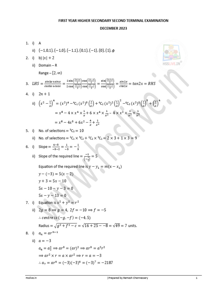 Hsslive Xi Maths Second Term Key Dec 2023 | PDF | Mathematical Analysis ...