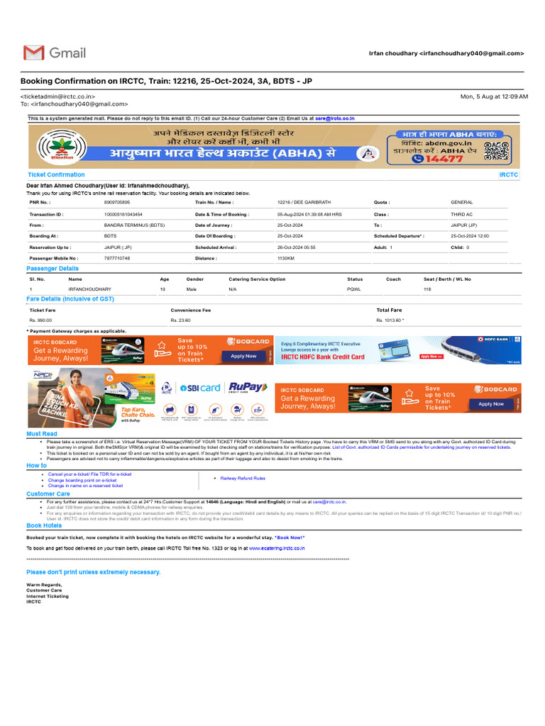 Booking Confirmation On IRCTC, Train: 12216, 25-Oct-2024, 3A, BDTS - JP ...