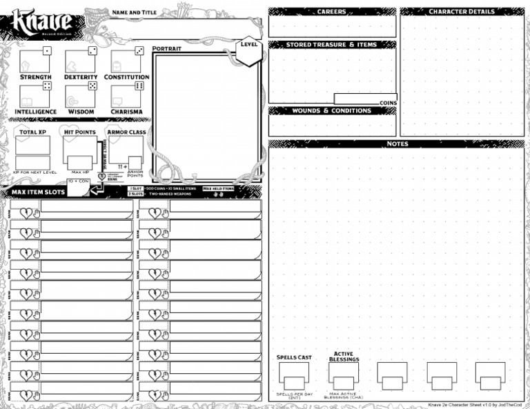 Knave 2e Character Sheet by Jod v1.0 With House Rules (FORM FILLABLE) | PDF