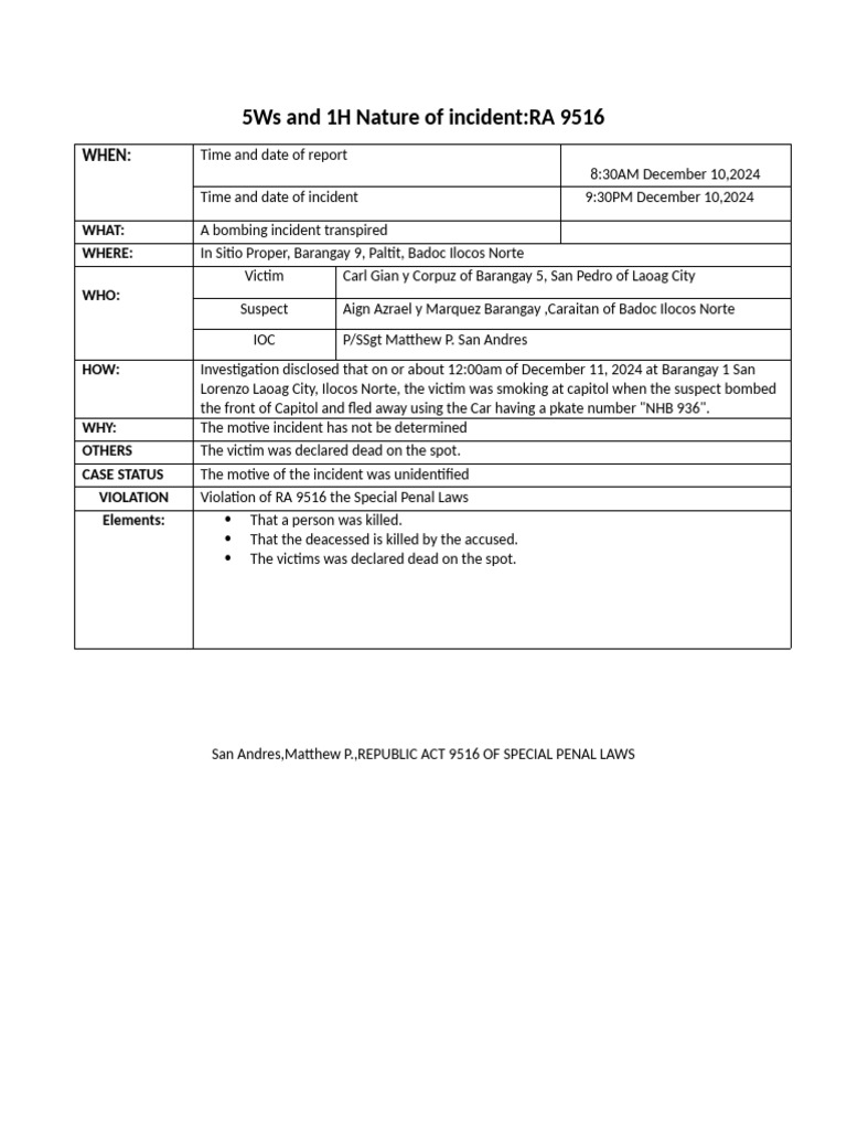 5Ws and 1H Bombing Incident | PDF