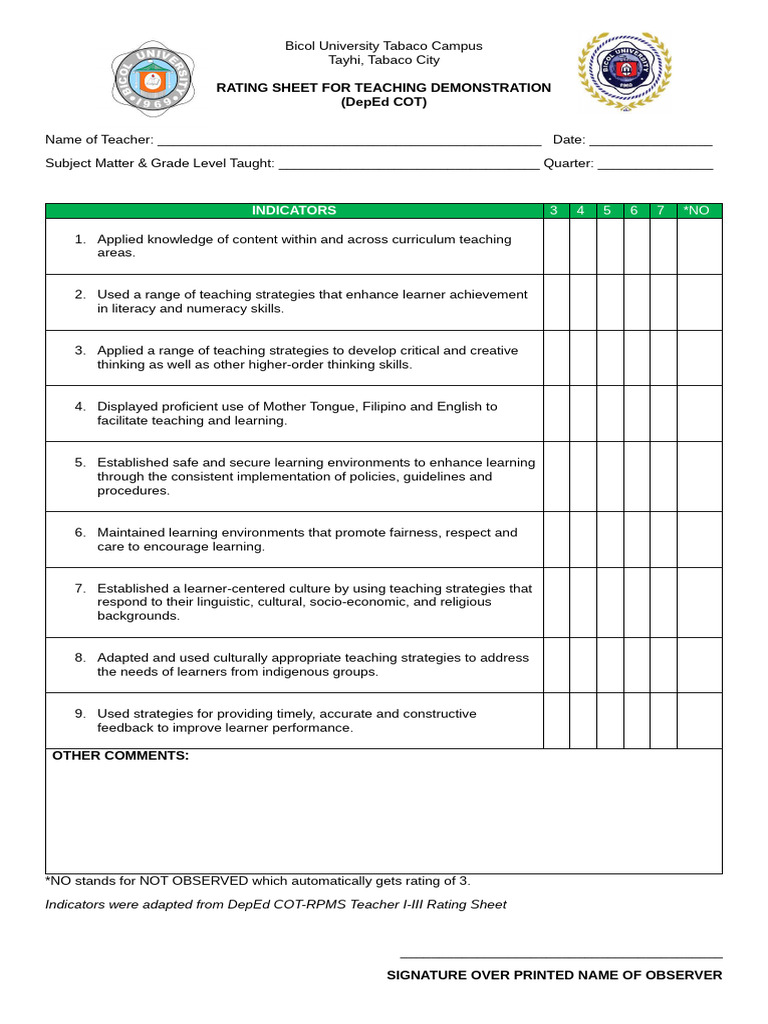 Cot Rating Sheet | PDF