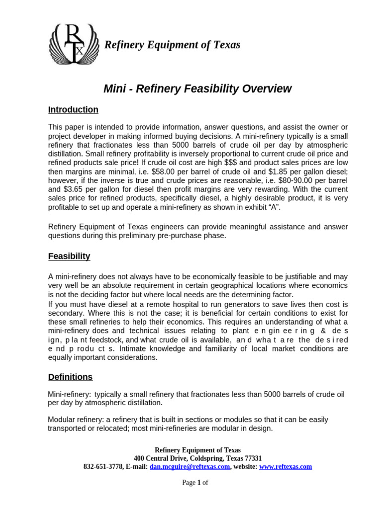 Mini Refinery Feasibility Overview | PDF | Oil Refinery | Petroleum