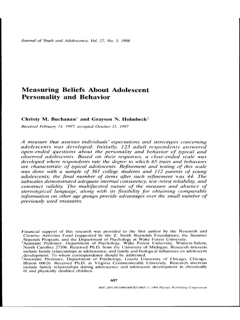 Measuring Beliefs About Adolescent Personality and Behaviour | PDF