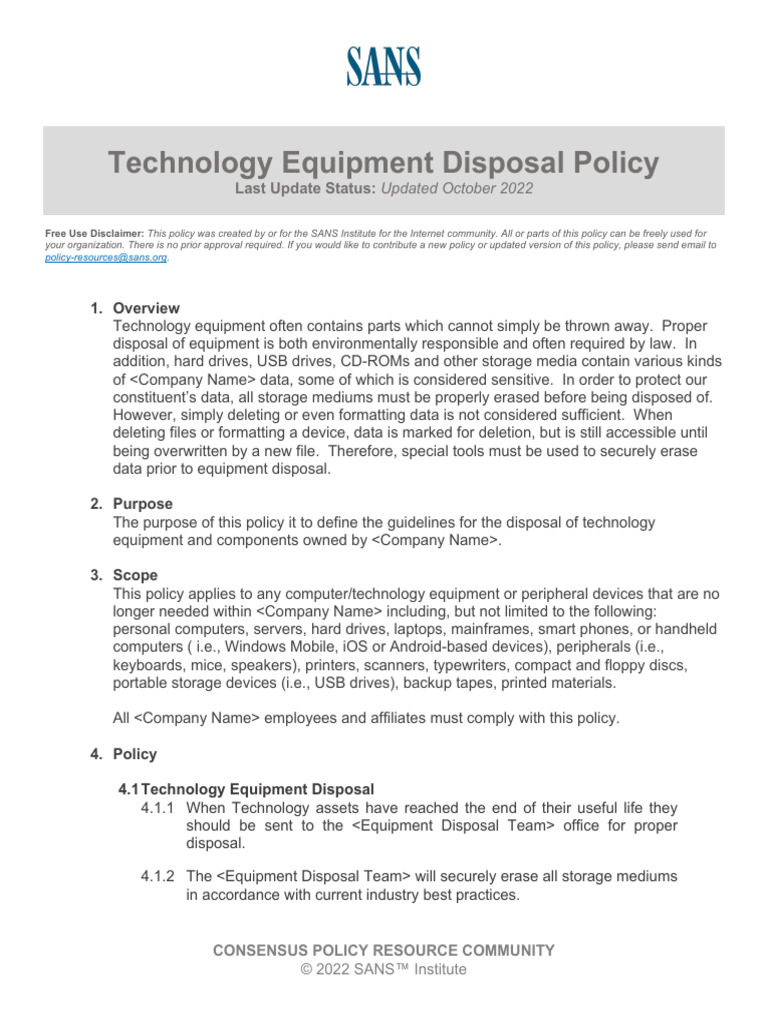 Technology Equipment Disposal Policy | PDF | Disk Storage | Computer ...