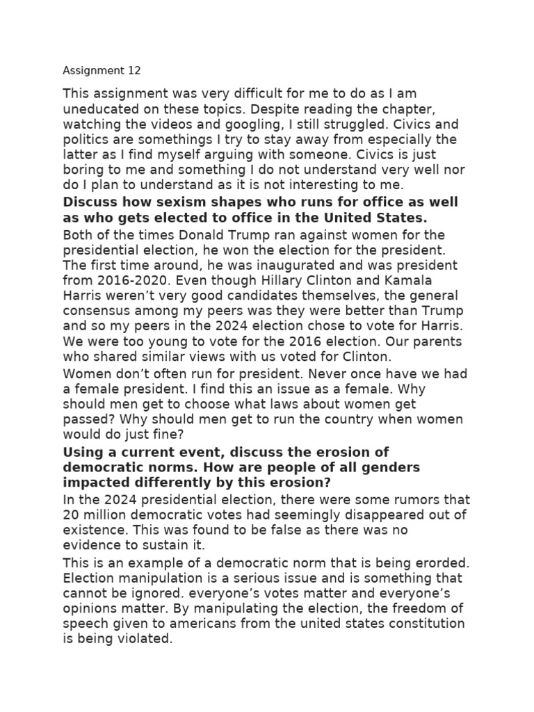 Assignment 12 | PDF | Woman | Gender Studies