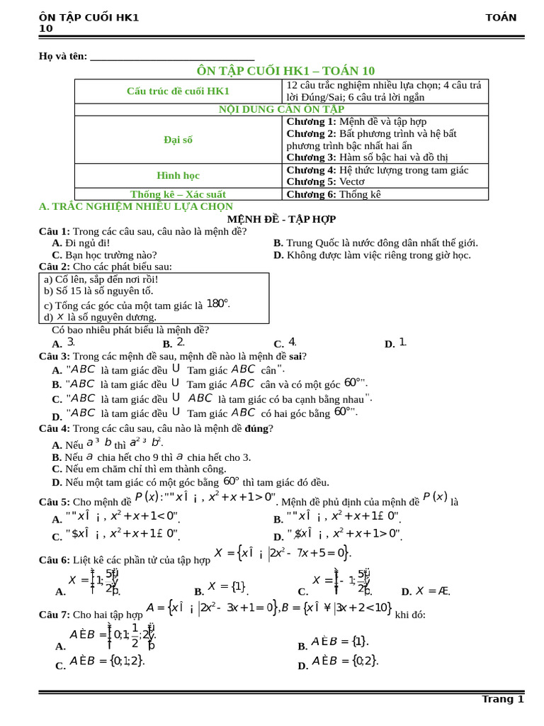 ÔN TẬP CUỐI HK1 TOÁN 10 - 24-25 | PDF