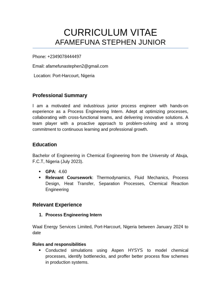 CV (Afamefuna Stephen Junior) | PDF | Simulation | Engineering