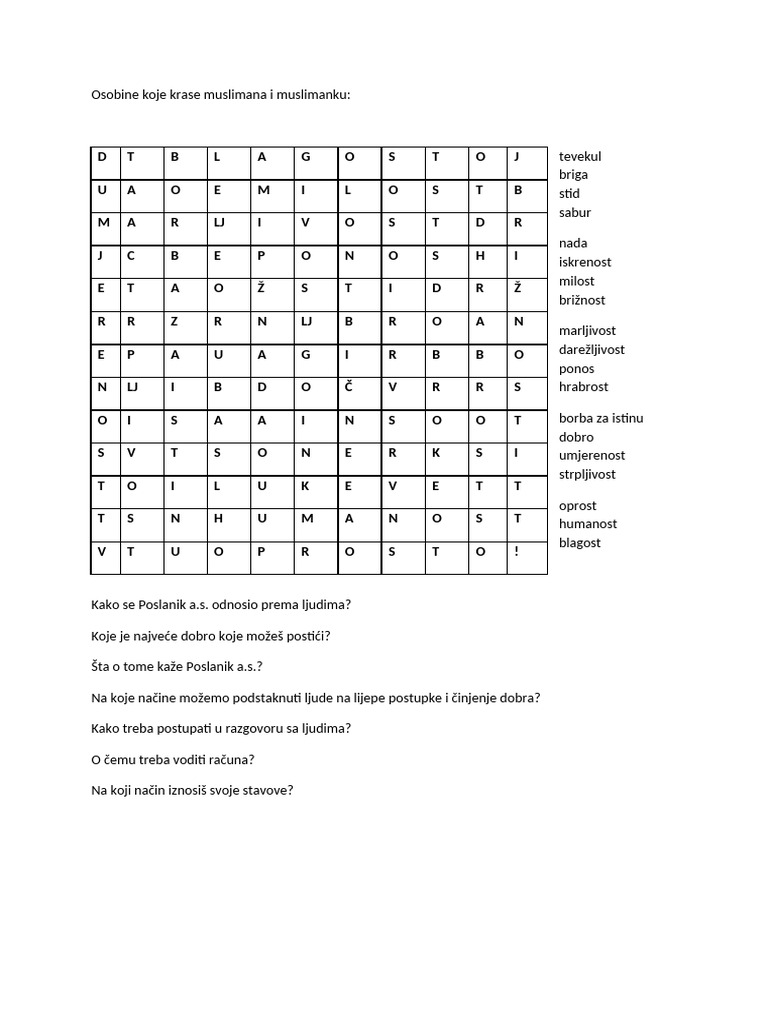 osmosmjerka, osobine koje krase muslimane, blagodati lijepo postupka | PDF