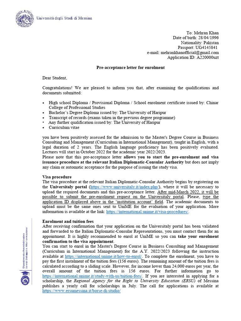 Pre Acceptance Letter | PDF | Diploma | Academic Degree