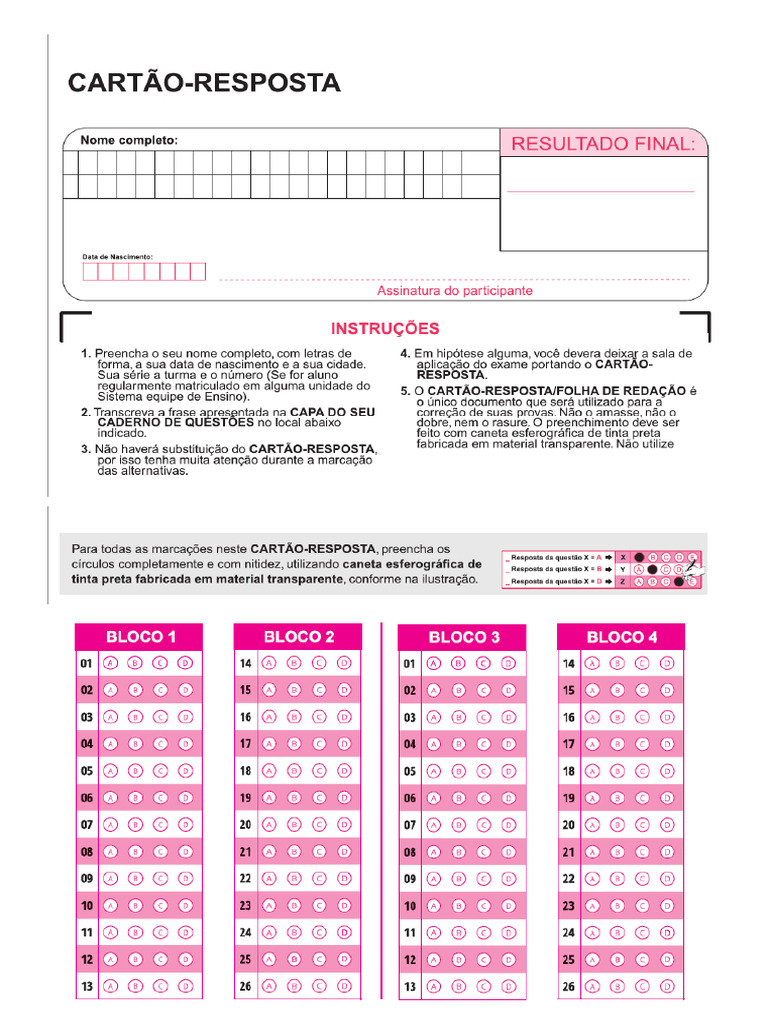 Modelo de Cartão Resposta Saveal e Saeb | PDF