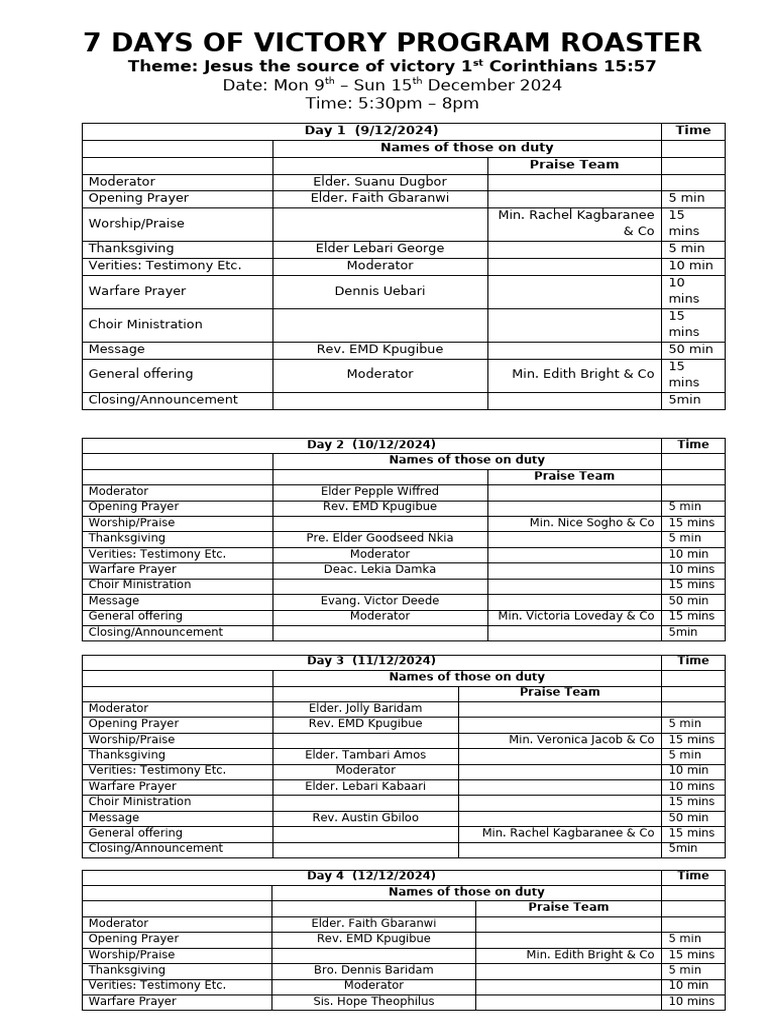 7 Days of Victory Program Roaster 1 | PDF | Worship