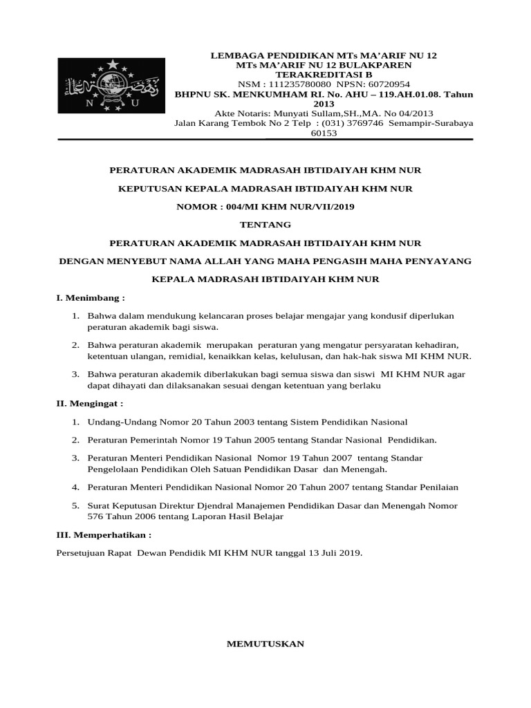 Peraturan Akademik MI KHM Nur 2019 | PDF