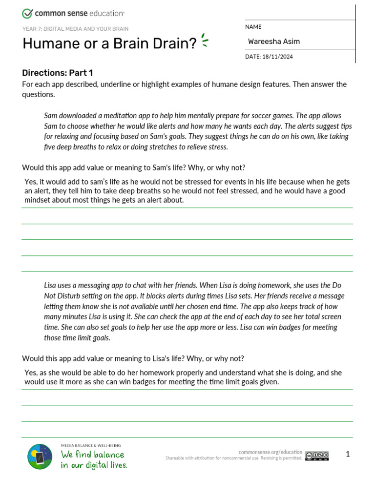 Y7 Handout - Digital Media and Your Brain - Humane or A Brain Drain 2 ...