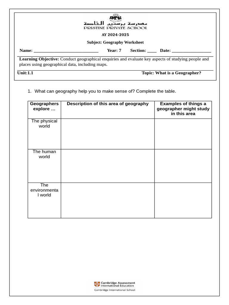 Geo Yr7 Unit 1.1 Worksheet | PDF