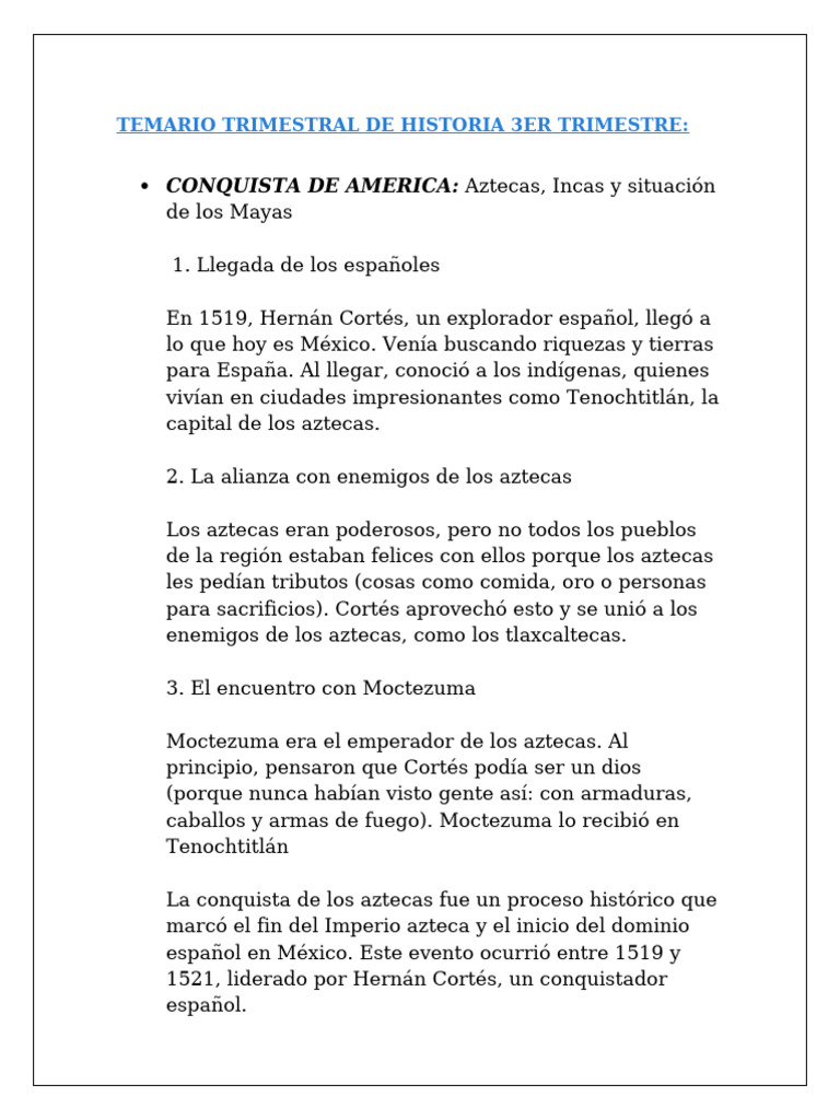 TEMARIO TRIMESTRAL DE HISTORIA 3ER TRIMESTRE Historia | PDF | Colonialismo | Imperio Inca