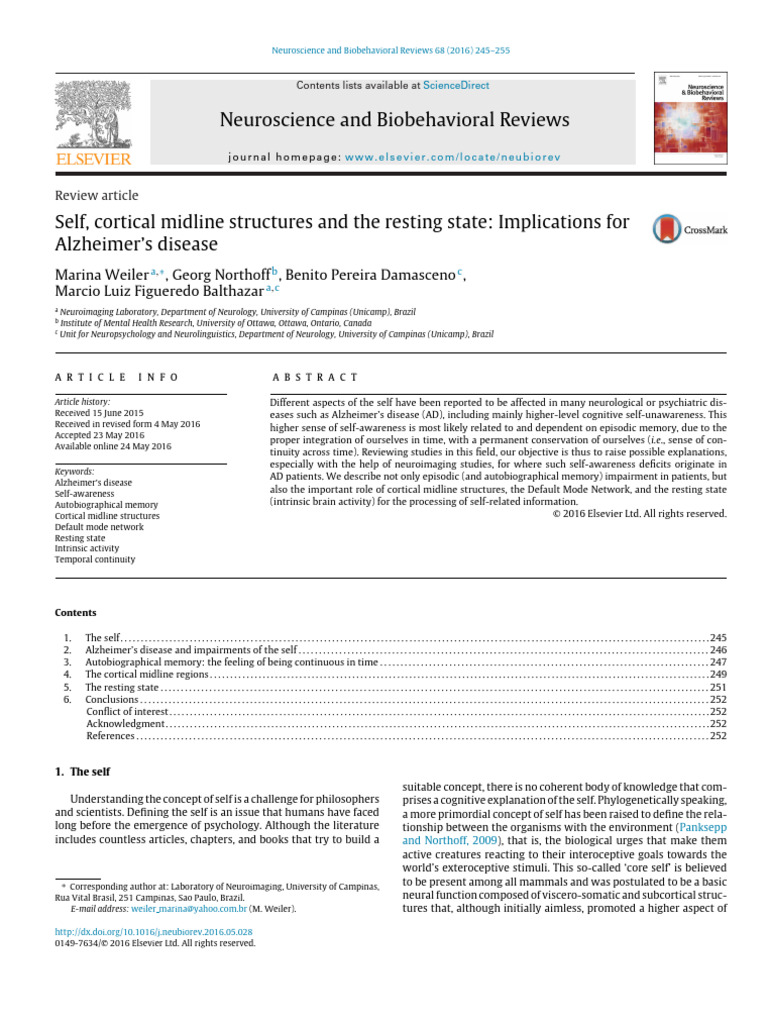 Self, Cortical Midline Structures and The Resting State: Implications For Alzheimer's Disease ...