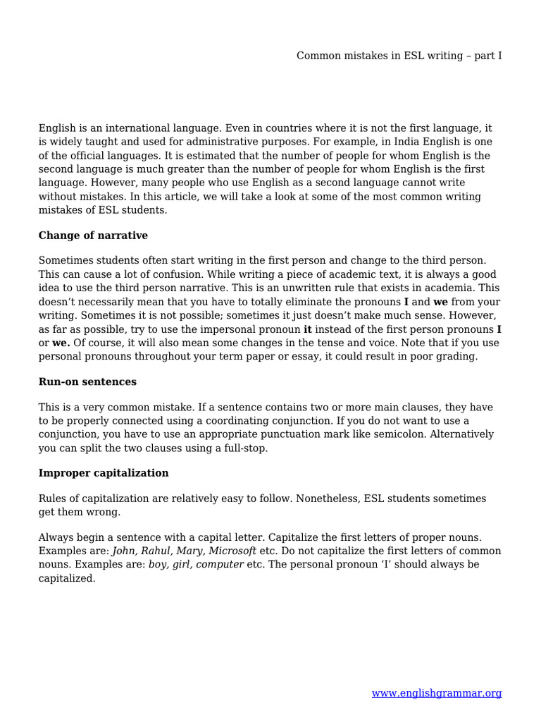 Common ESL Writing Mistakes Part I | PDF