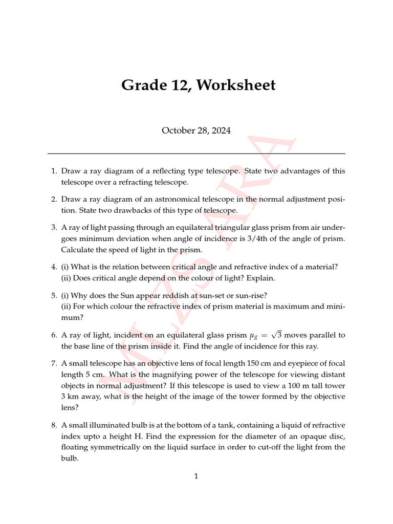 Grade_12__Worksheet (1) physics | PDF | Light | Telescope