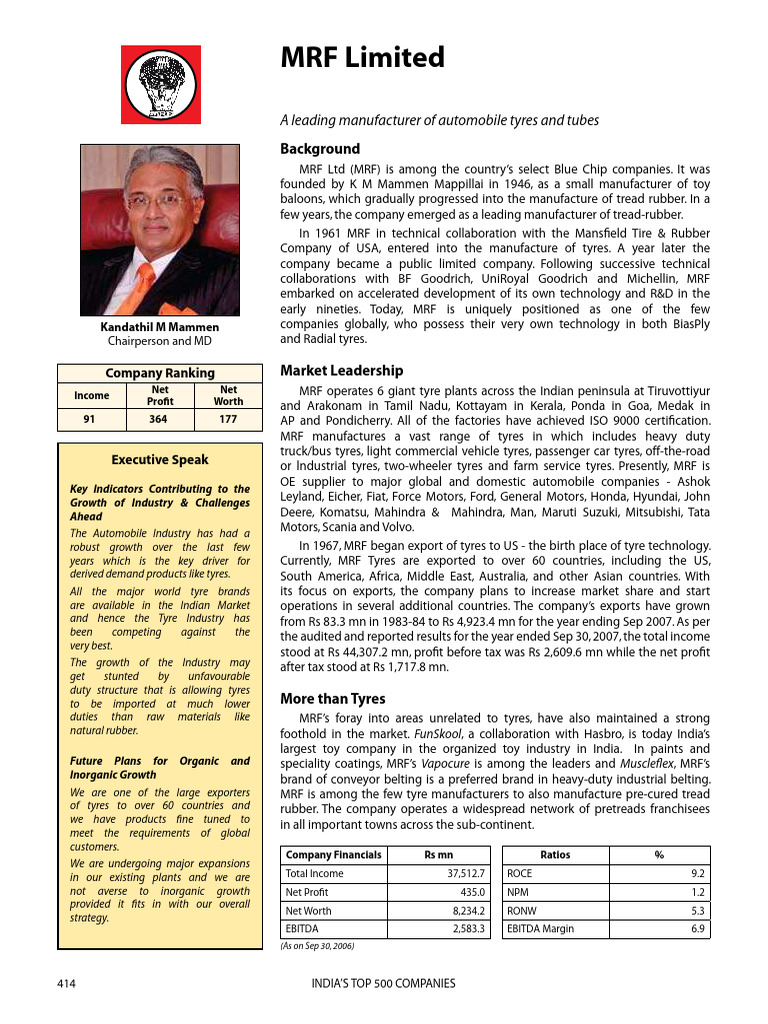 MRF Limited A Leading Manufacturer of Au | PDF | Tire | Land Vehicles