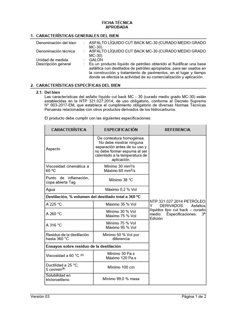 Ficha Técnica Asfalto Líquido MC-30 | PDF | Petróleo | Líquidos