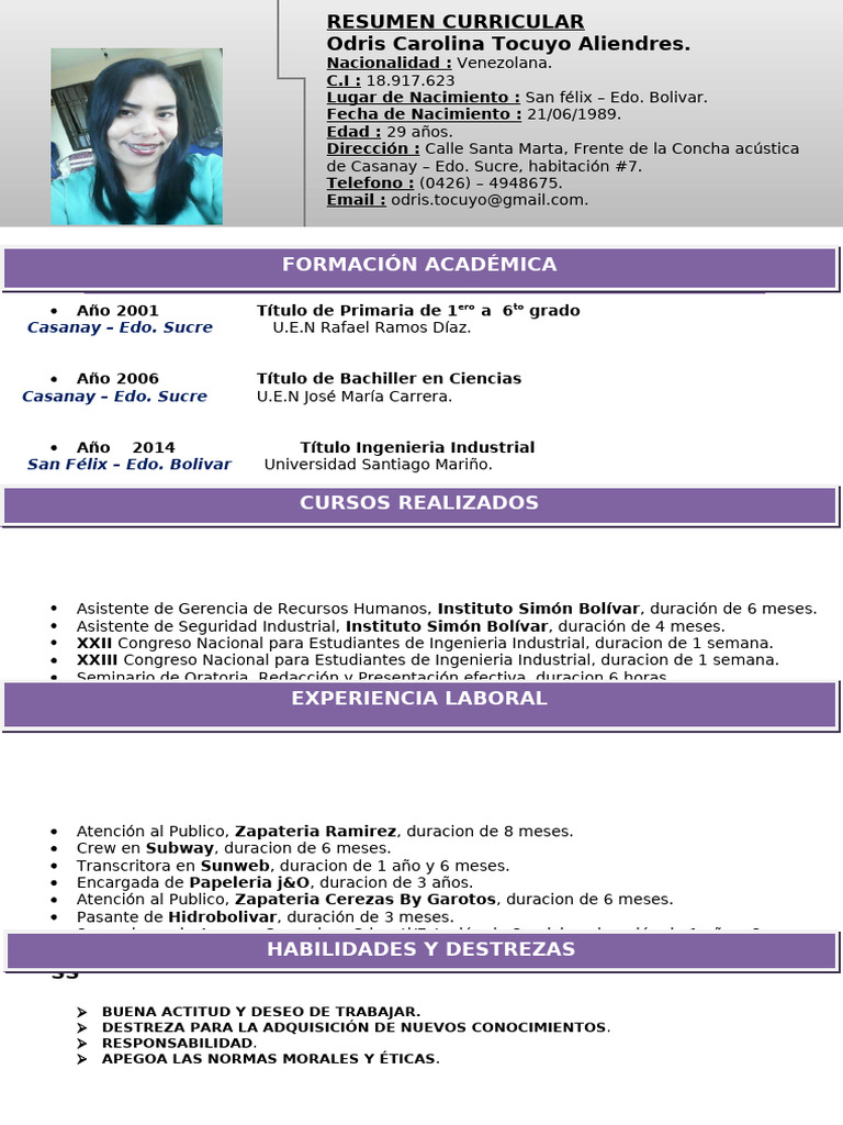 Currículum de Odris Carolina Tocuyo | PDF