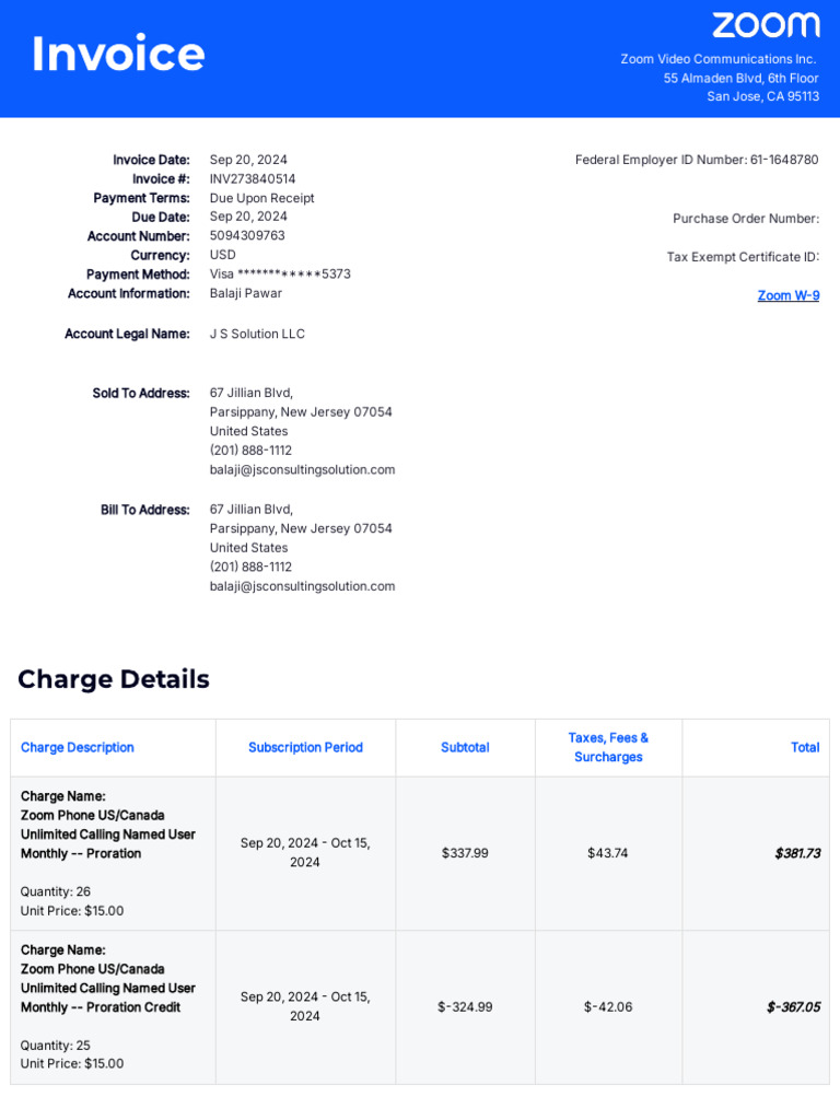 Invoice for Zoom Phone Services | PDF | Fee | Payments