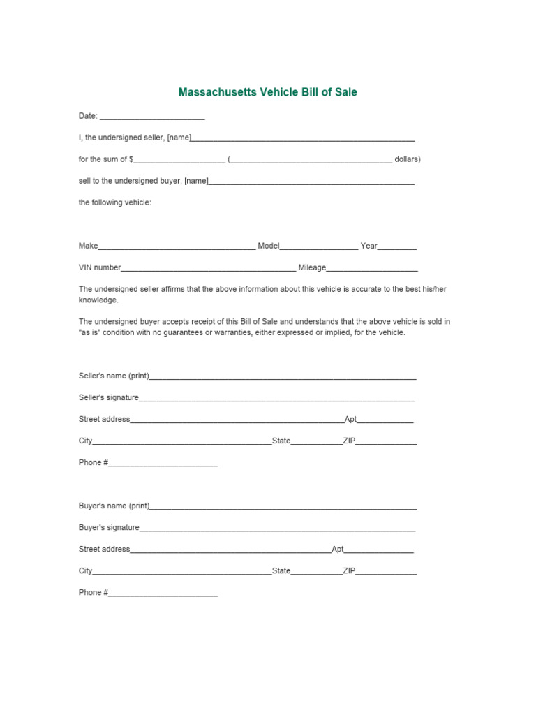 Massachusetts Vehicle Bill of Sale Template | PDF