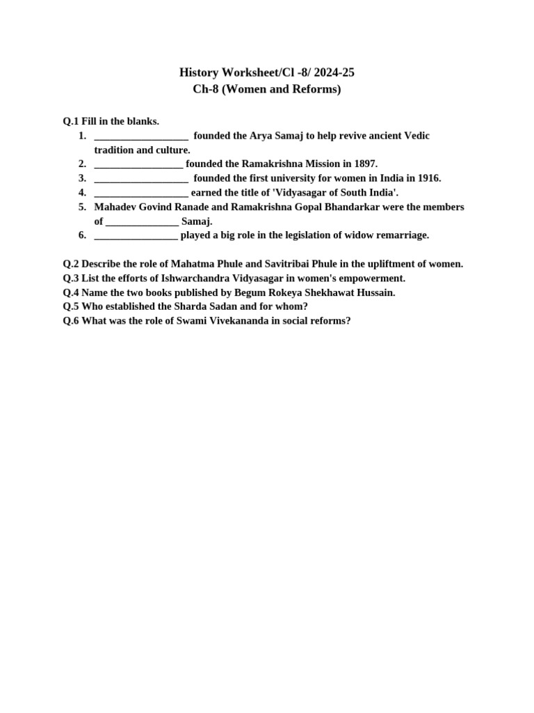 History CH 8 Worksheet-Cl - 8 - 2024-25 | PDF