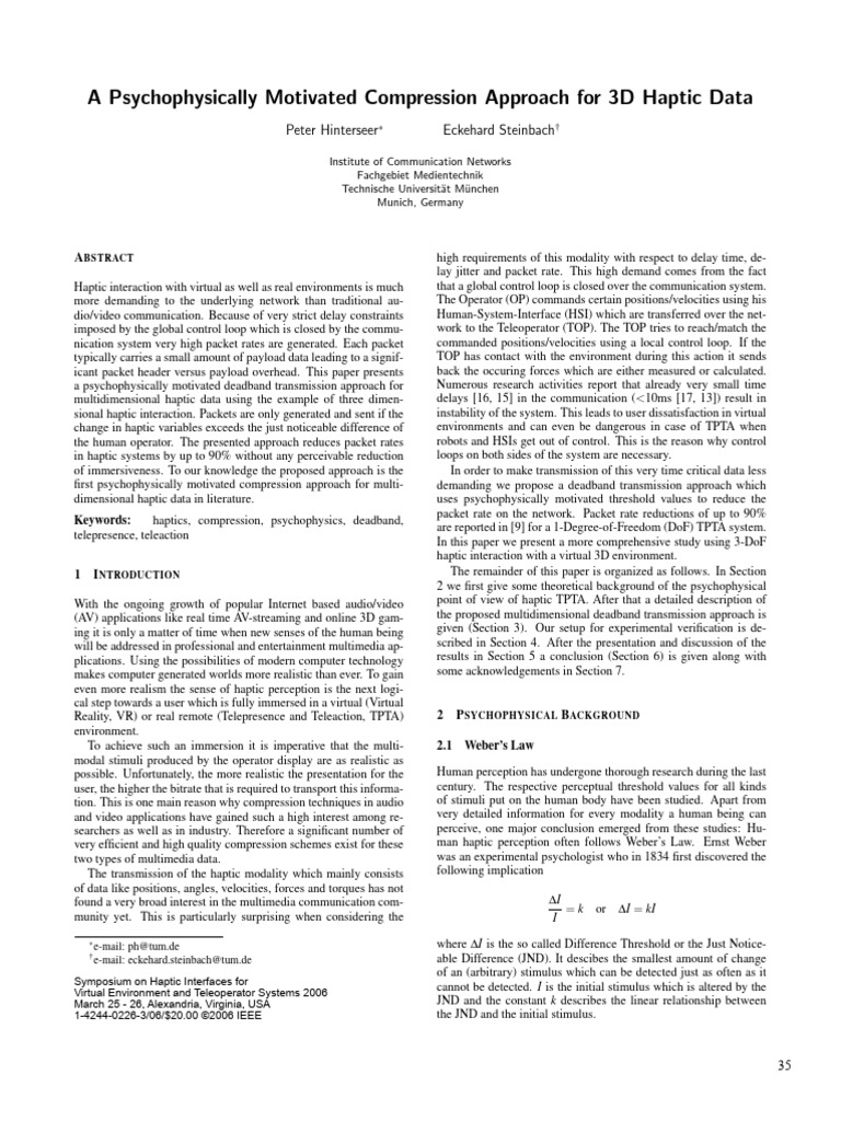 A Psychophysically Motivated Compression Approach For 3D Haptic Data | PDF | Force | Euclidean ...