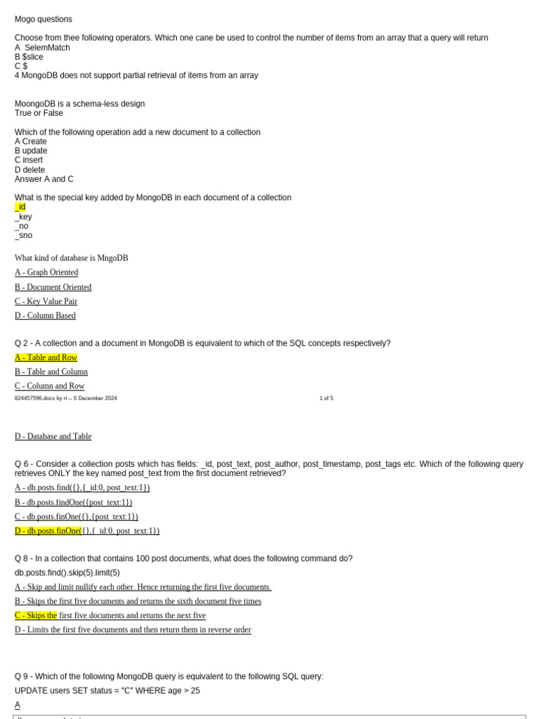 Les99 Mongo Practice Questions | PDF | Table (Database) | Computer Programming