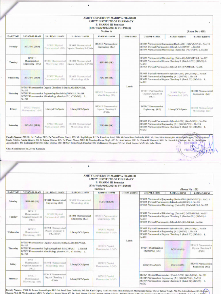 Aip B. Pharm-Iii Sem Time Table 02-12-2024 To 07-12-2024 | PDF