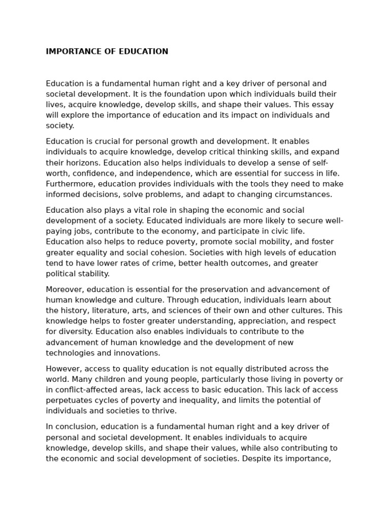 Essay - Importance of Education | PDF | Poverty | Poverty & Homelessness
