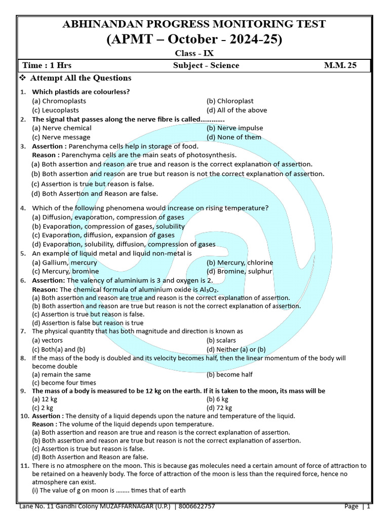 Class 9th APMT July October Typed | PDF | Tissue (Biology) | Chemistry