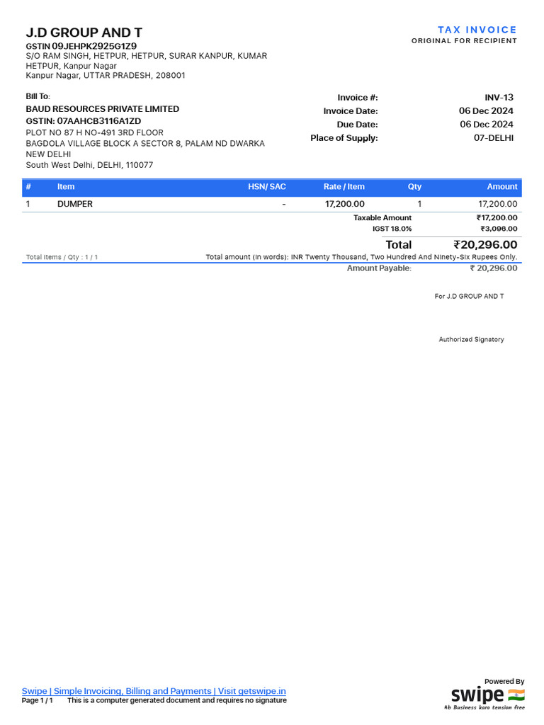 INV 13 For BAUD RESOURCES PRIVATE LIMITED | PDF | Payments