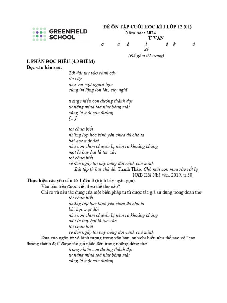 12G2-Đề ôn tập cuối HK1 (01) | PDF